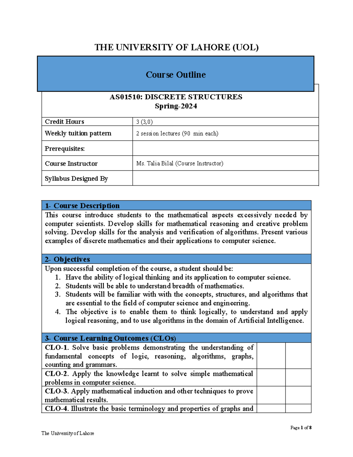 Discrete Structures - Course Outline - THE UNIVERSITY OF LAHORE (UOL) AS01510: DISCRETE ...