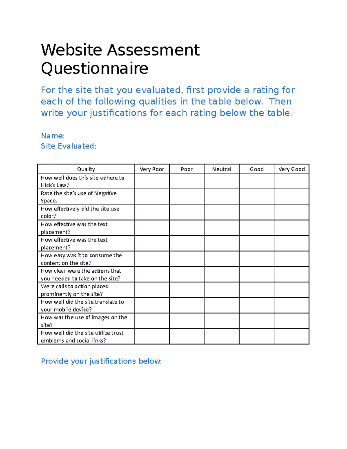 Website Assessment Questionnaire - Website Assessment Questionnaire For ...