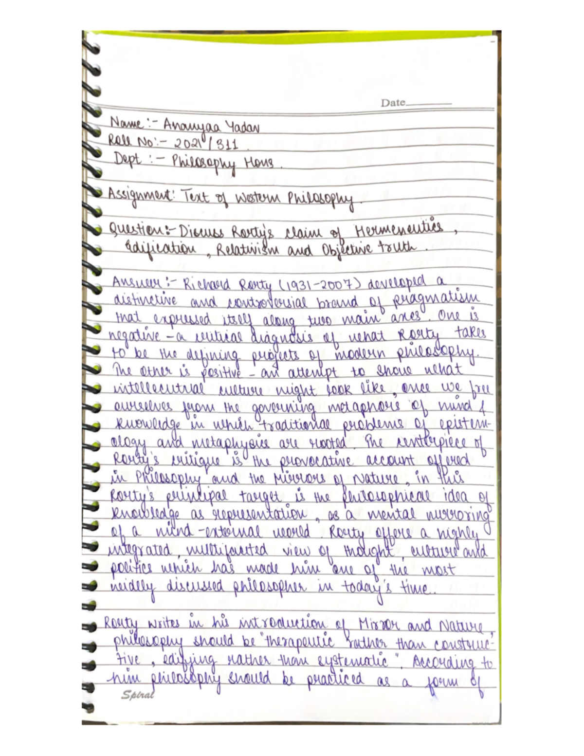 Scanned Documents - Uudiwjx hwid - Date Name Ananyaa Yadav Roll 2021 311 Dept Philosophy Hons ...