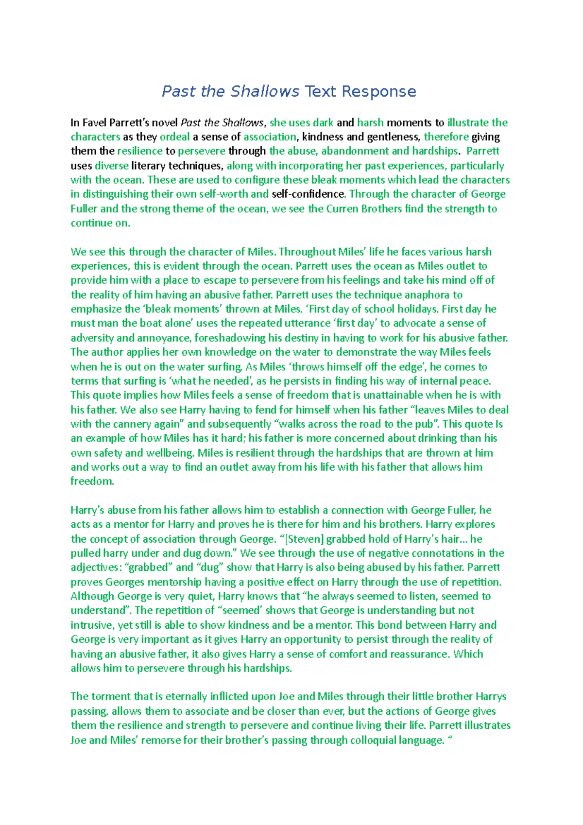 Past the Shallows Text Response - Parrett uses diverse literary ...