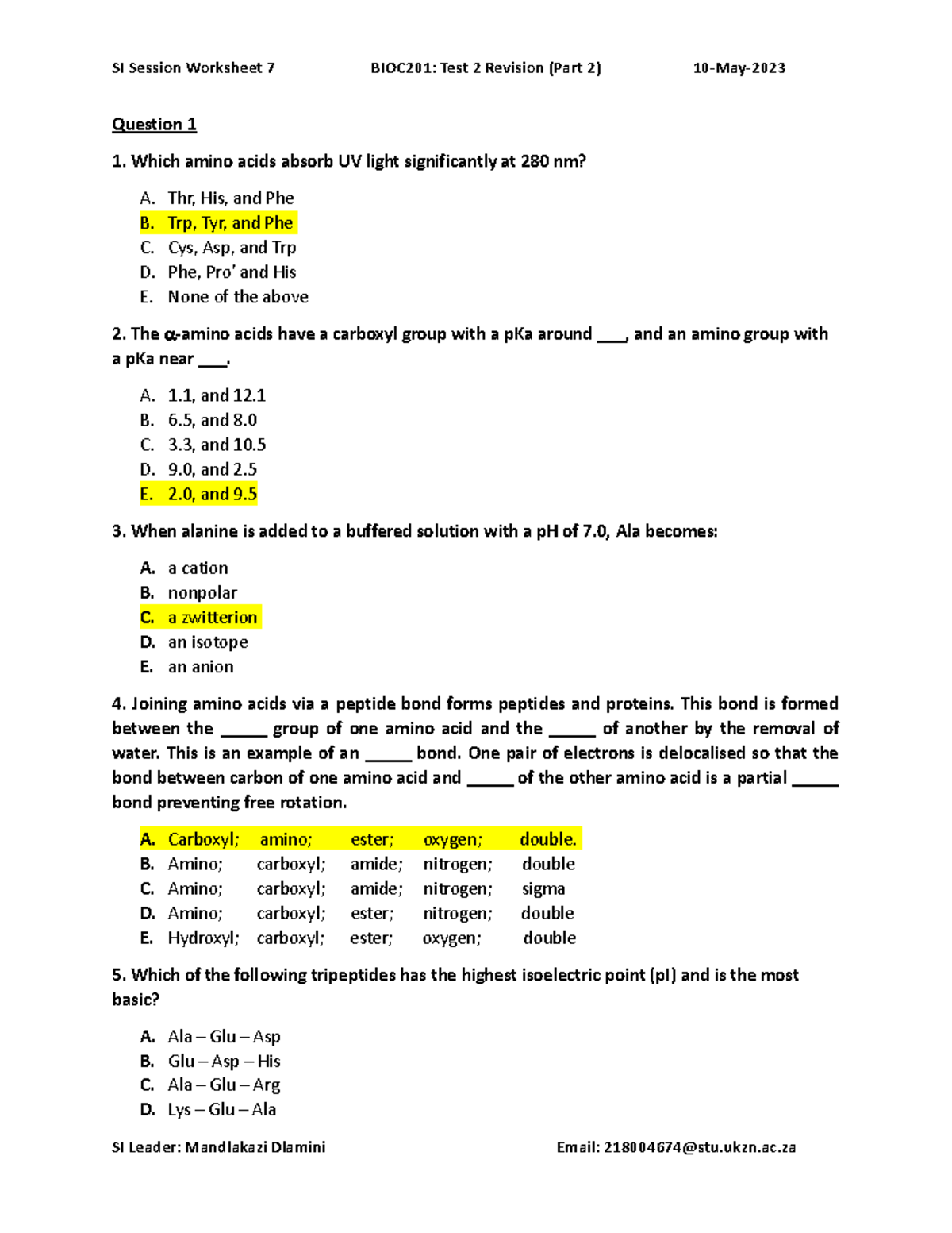 Session 7 BIOC201 Mandlakazi Memo 10-06-2023 - Question 1 Which amino acids absorb UV light ...