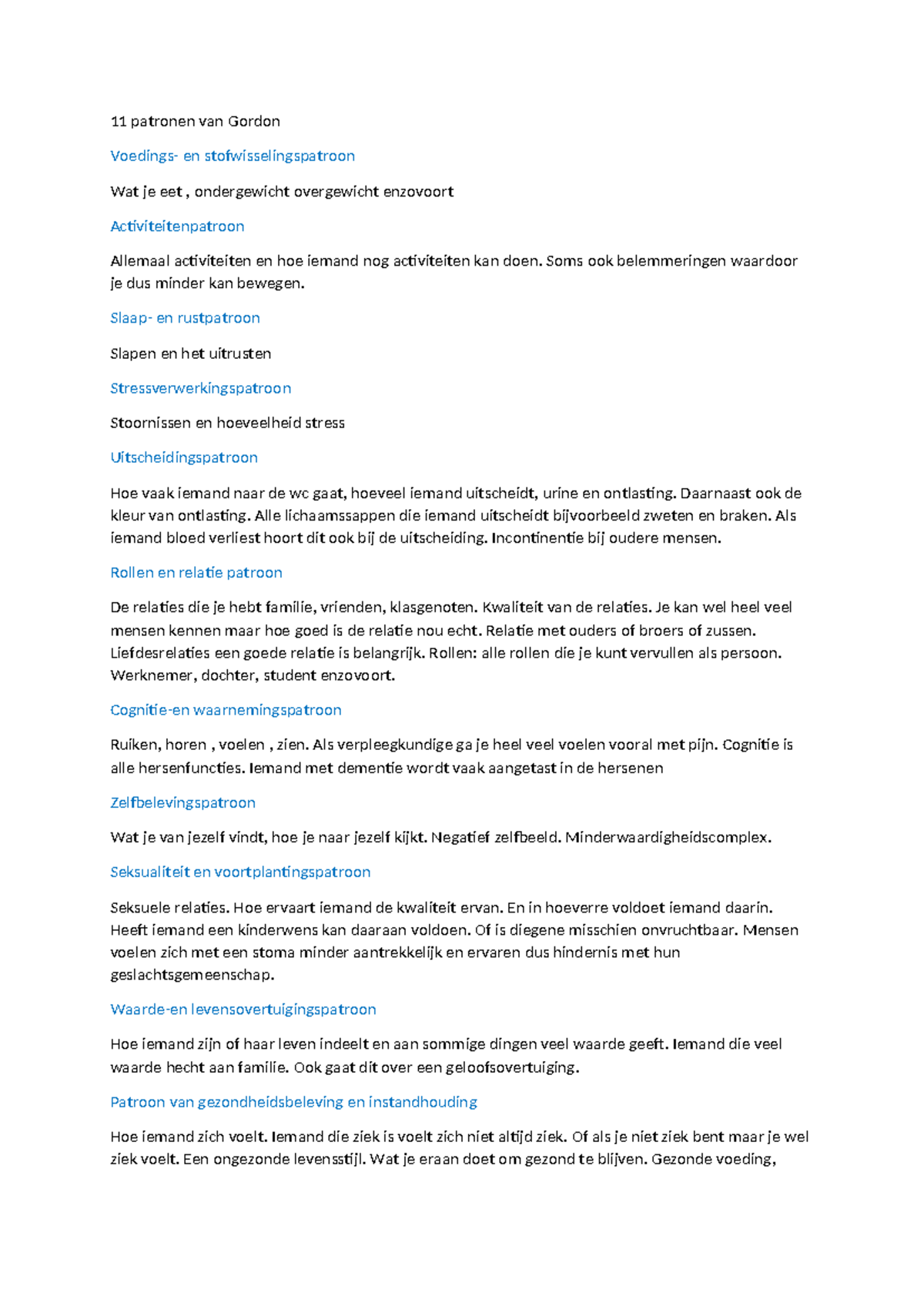 11 patronen van Gordon - Samenvatting Klinisch redeneren - 11 patronen ...