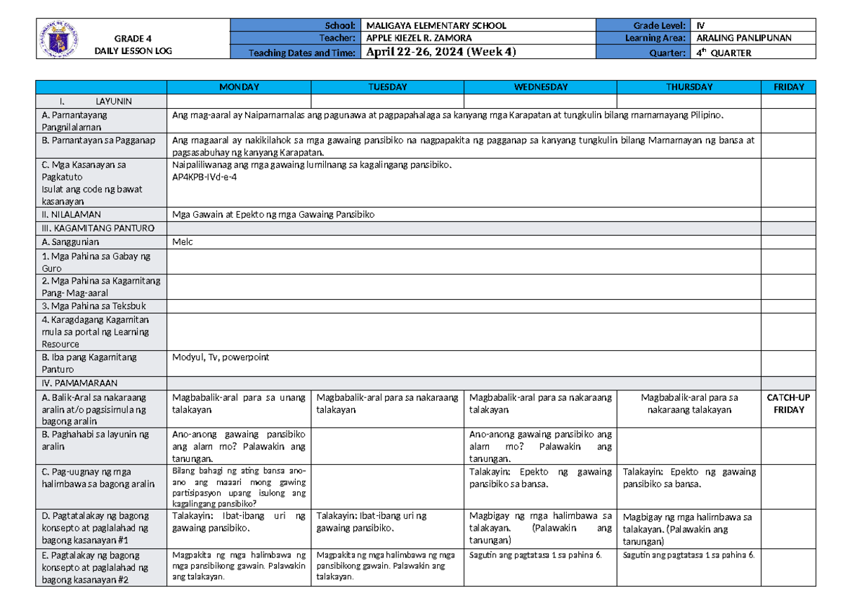 WEEK 4 - Lesson Plan - GRADE 4 DAILY LESSON LOG School: MALIGAYA ...
