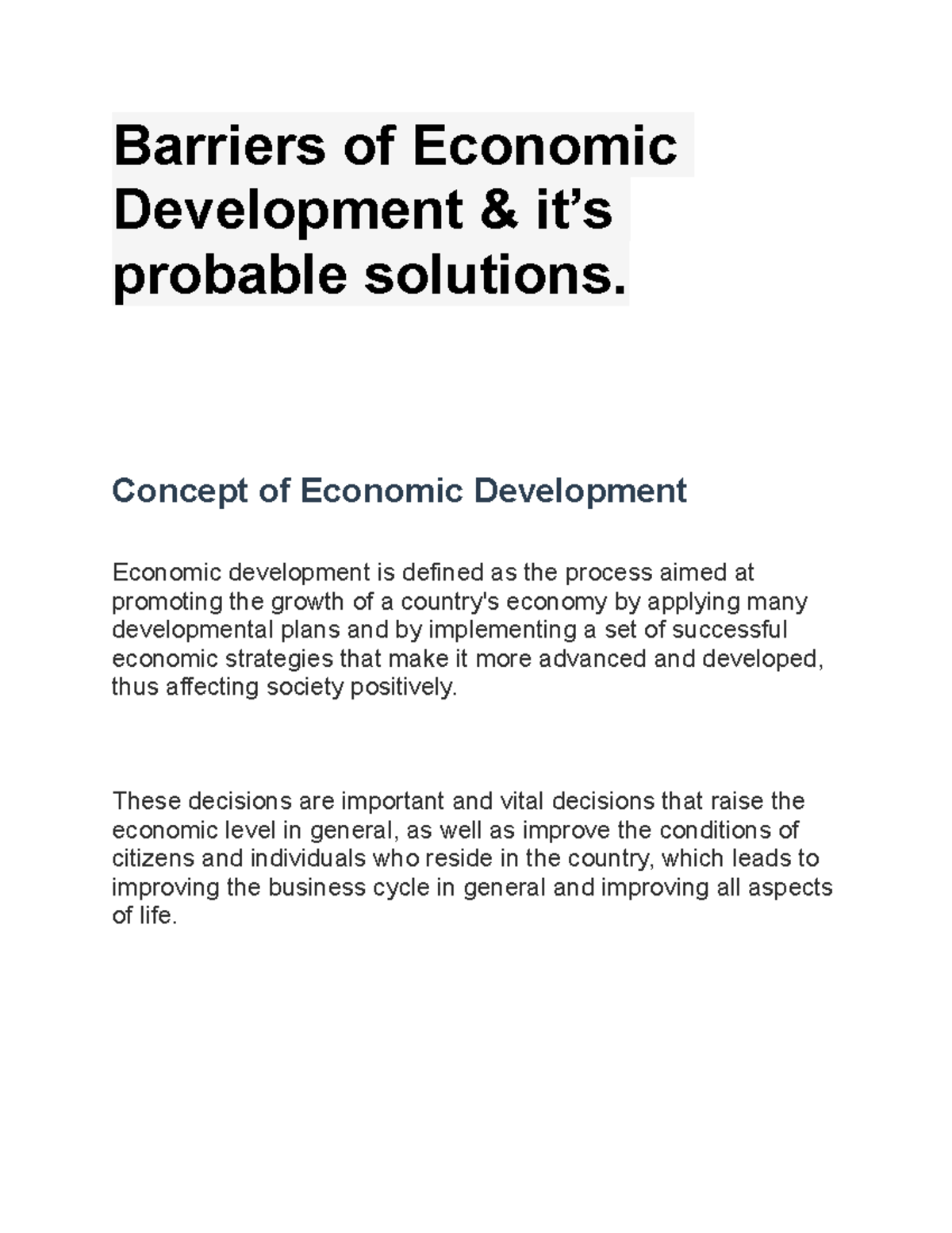 Barriers of Economic Development Assignment - Barriers of Economic ...