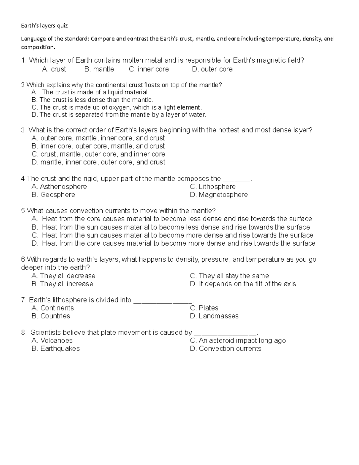 Earths Interior Quiz - Earth - Earth’s layers quiz Language of the ...