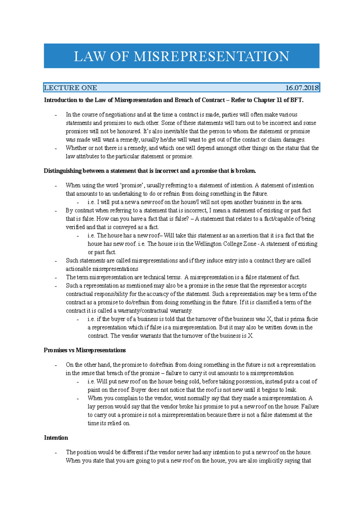 Contract Lectures Misrep - LAW OF MISREPRESENTATION LECTURE ONE 16. Introduction to the Law of ...