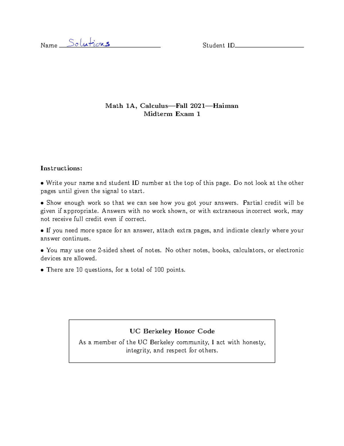 Fall 2021 midterm 1 a solutions - Name Student ID Math 1A, Calculus ...