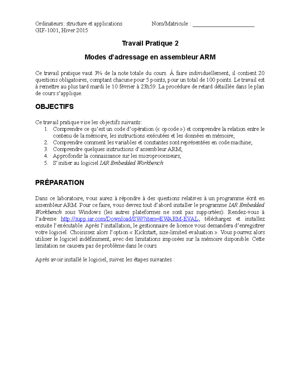Tp2 - TP2 de 2015 - Ordinateurs: structure et applications Nom/Matricule ...