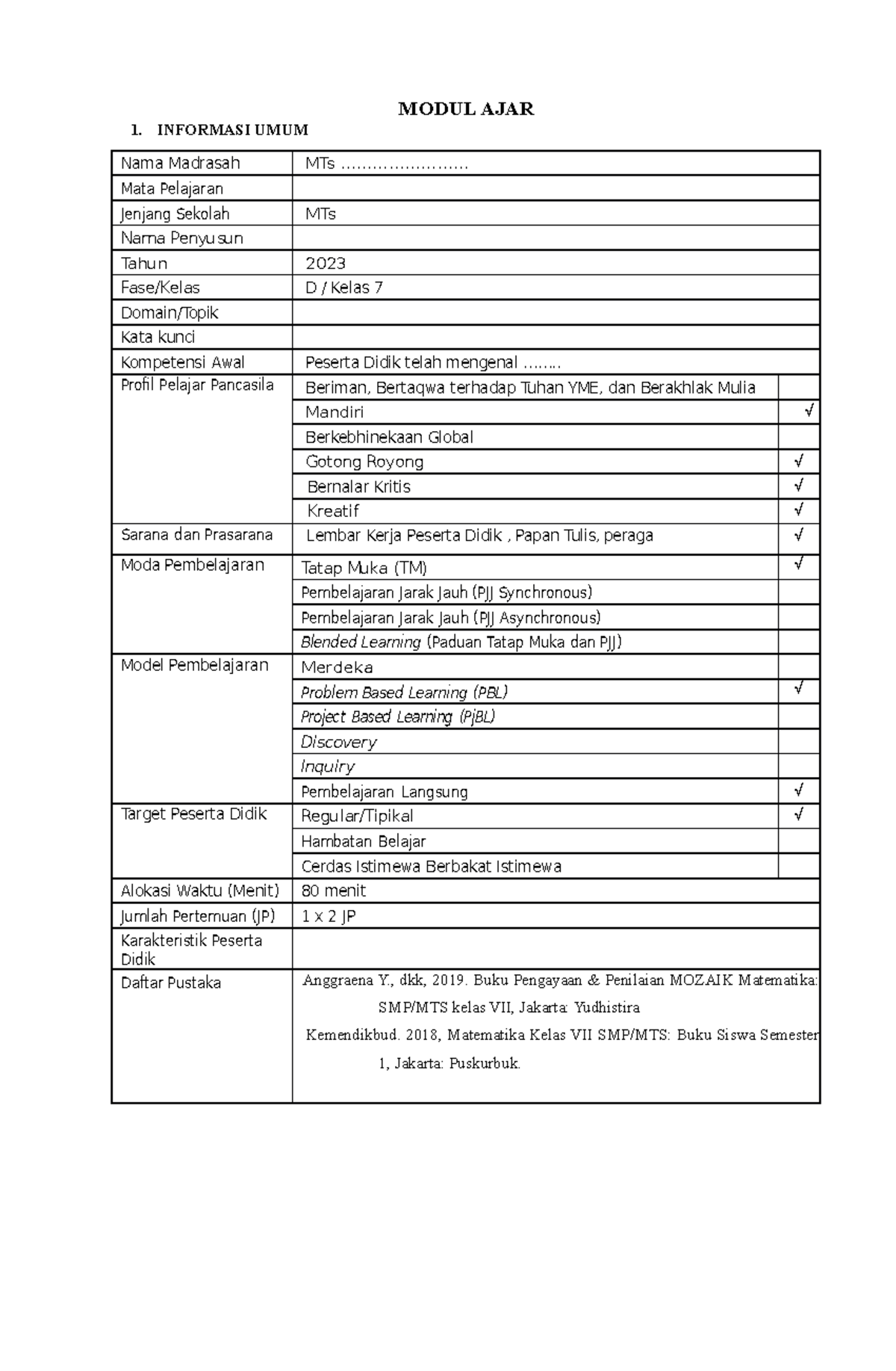 Format Modul ajar - MODUL AJAR 1. INFORMASI UMUM Nama Madrasah MTs