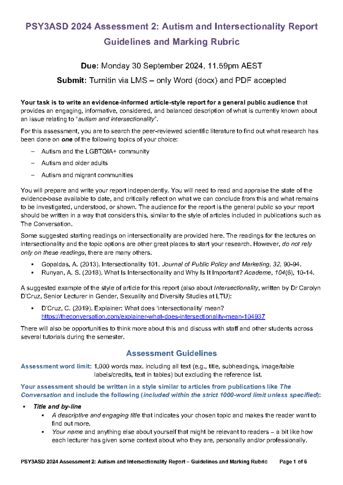 PSY3ASD 2024 A2 Autism and Intersectionality Report - Guidelines and ...