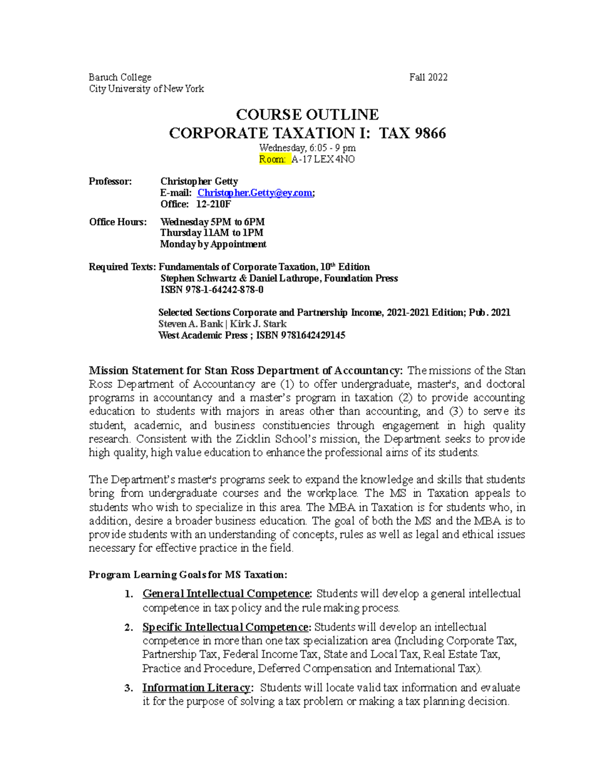 Revised Outline 9866 Fall 2022 - Baruch College Fall 2022 City ...