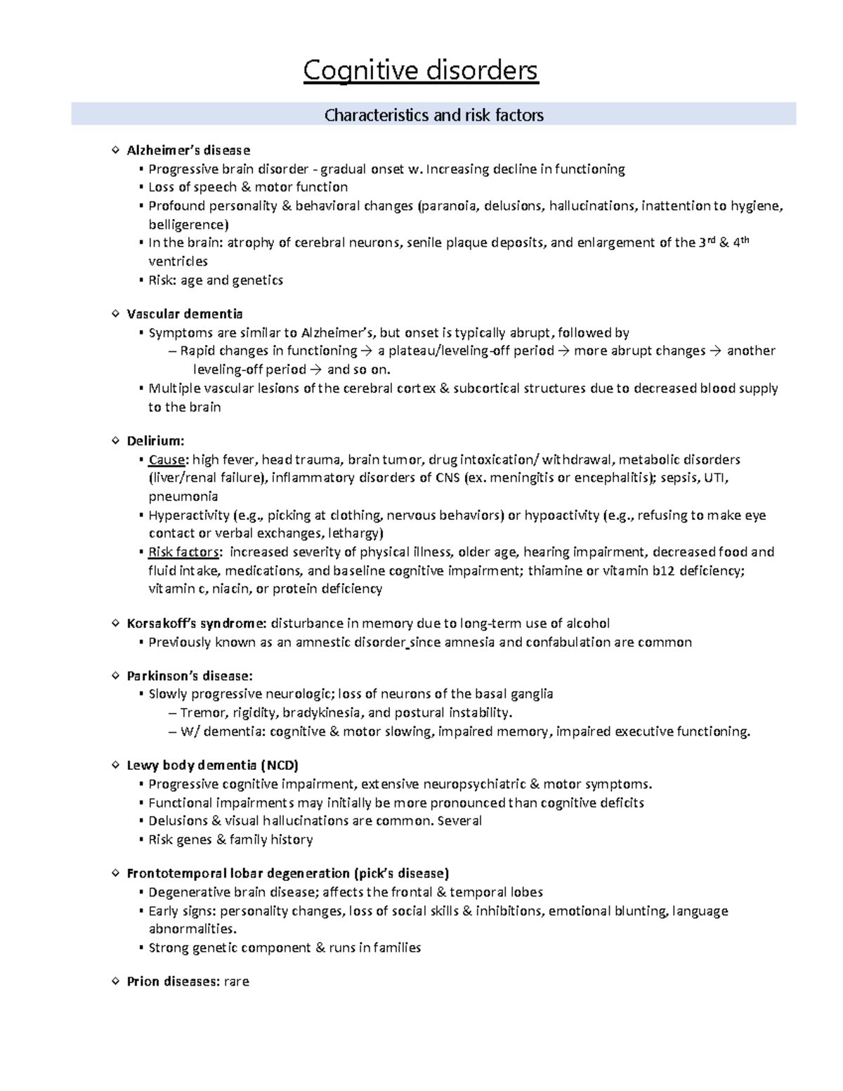 Cognitive Disorders: Characteristics Risk Factors and Types - Studocu
