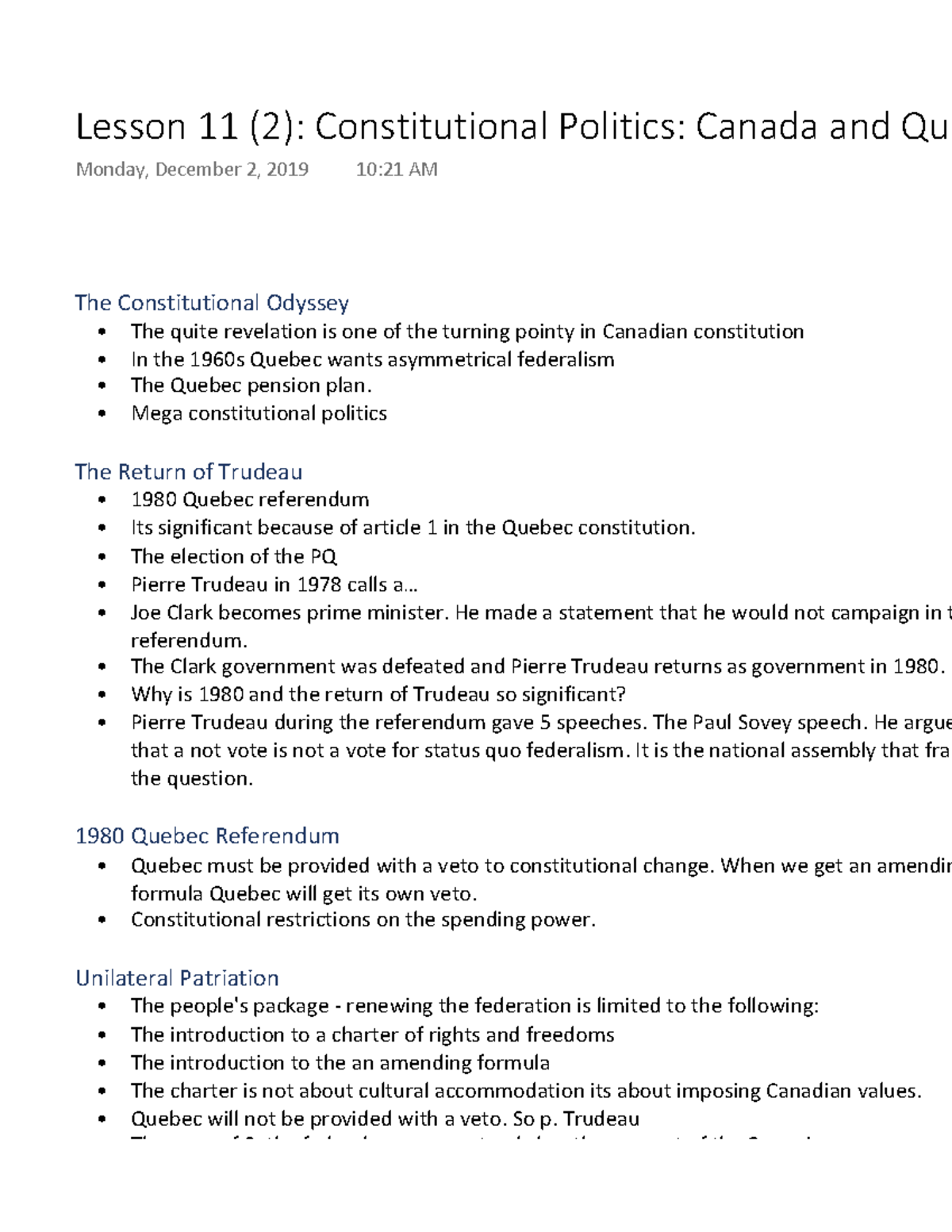 Lesson 11 (2) Constitutional Politics Canada and Quebec - The ...