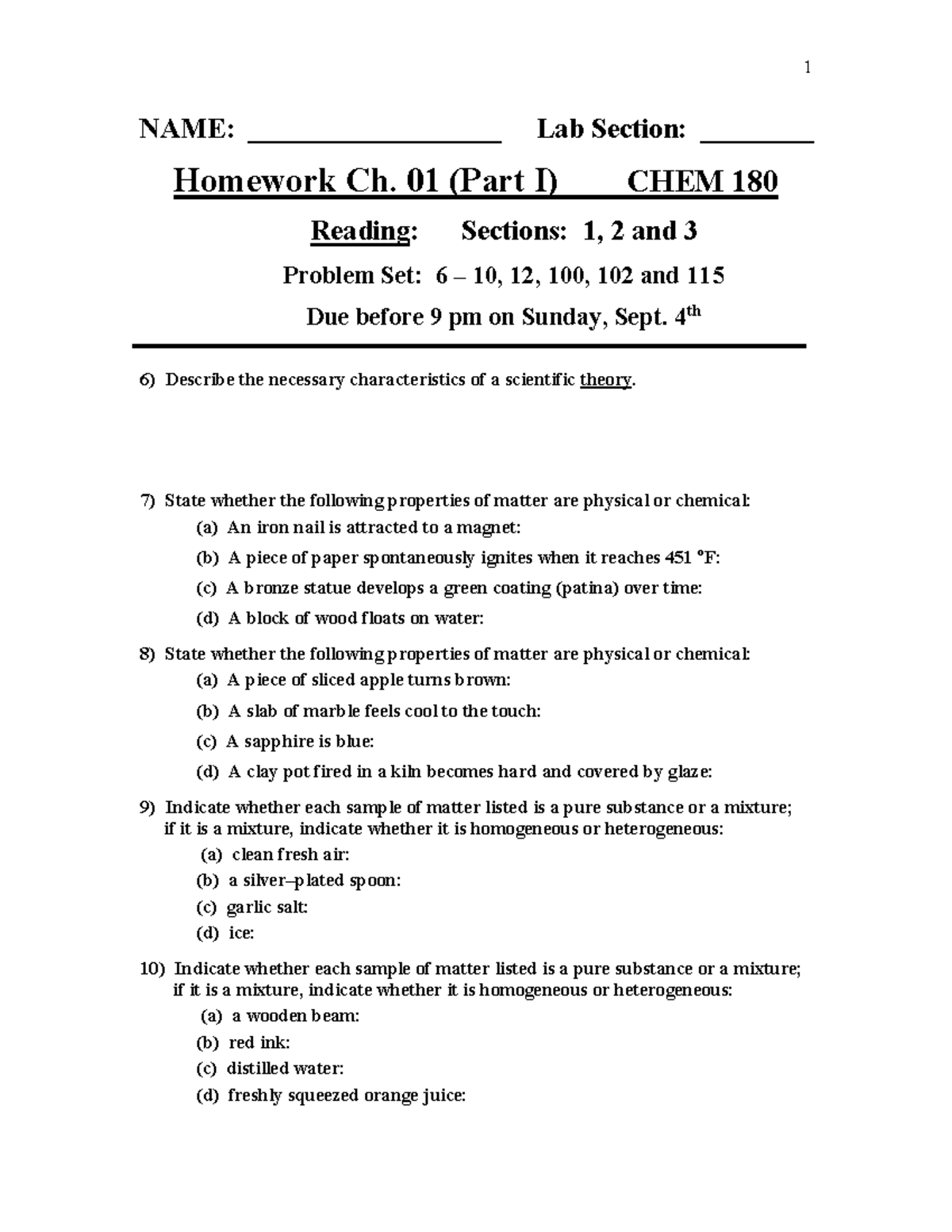 Hw Week 1 handout - 1 NAME: __________________ Lab Section ...