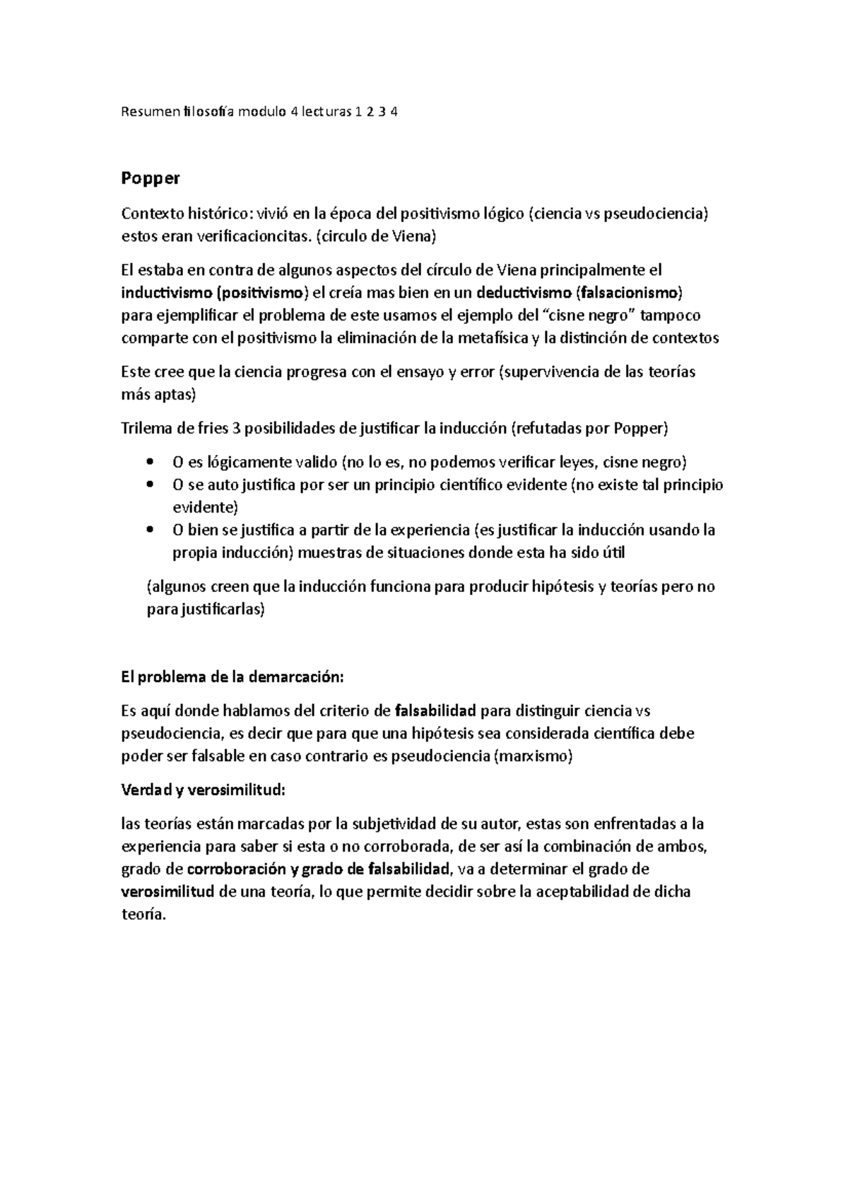 Resumen filosofía modulo 4 lecturas 1 2 3 4 - Resumen filosofía modulo 4 lecturas 1 2 3 4 Popper ...
