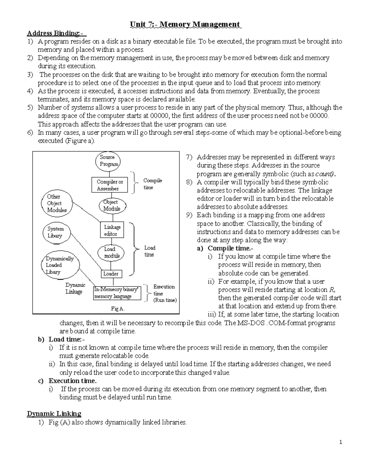 Unit 7 - trrtu - Unit 7:- Memory Management Address Binding:- A program resides on a disk as a ...
