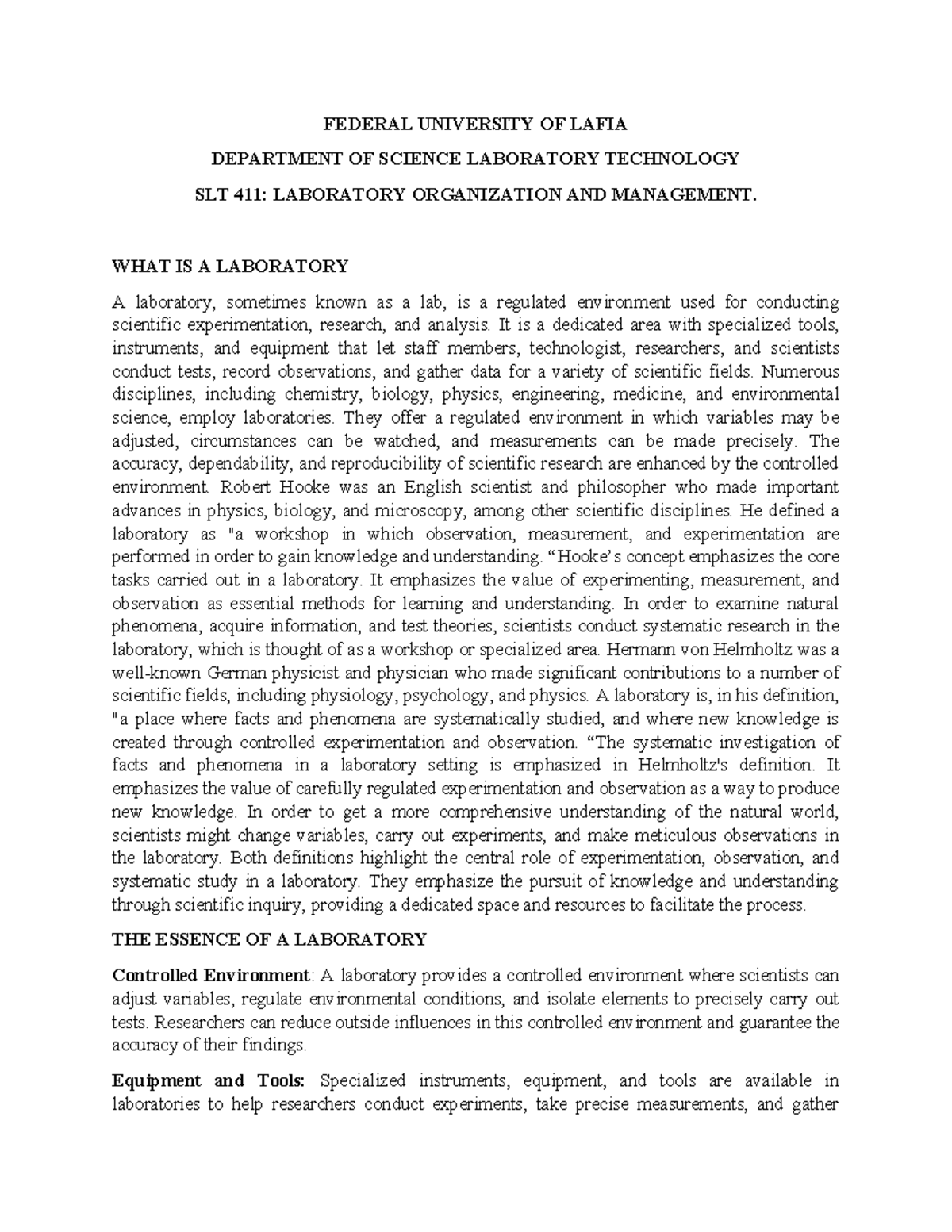 SLT 411 laboratory organization - FEDERAL UNIVERSITY OF LAFIA ...