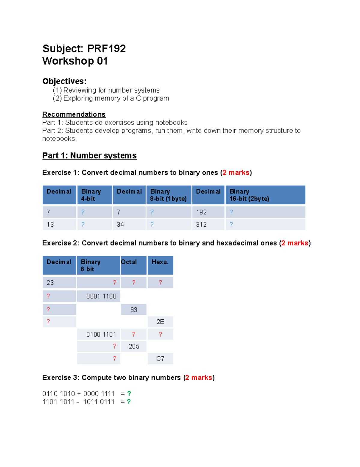 Workshop 01 - m,bjg - Subject: PRF Workshop 01 Objectives: (1) Reviewing for number systems (2 ...