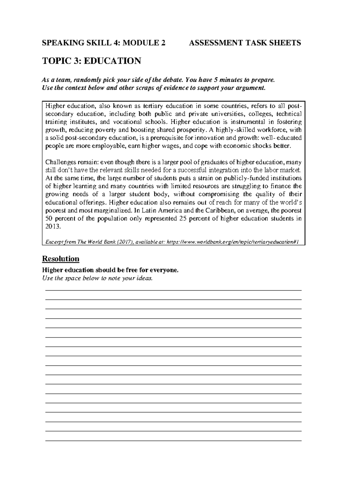 Speaking Skill 4 Module 2 Assessment topic 3 - SPEAKING SKILL 4: MODULE 2 ASSESSMENT TASK SHEETS ...