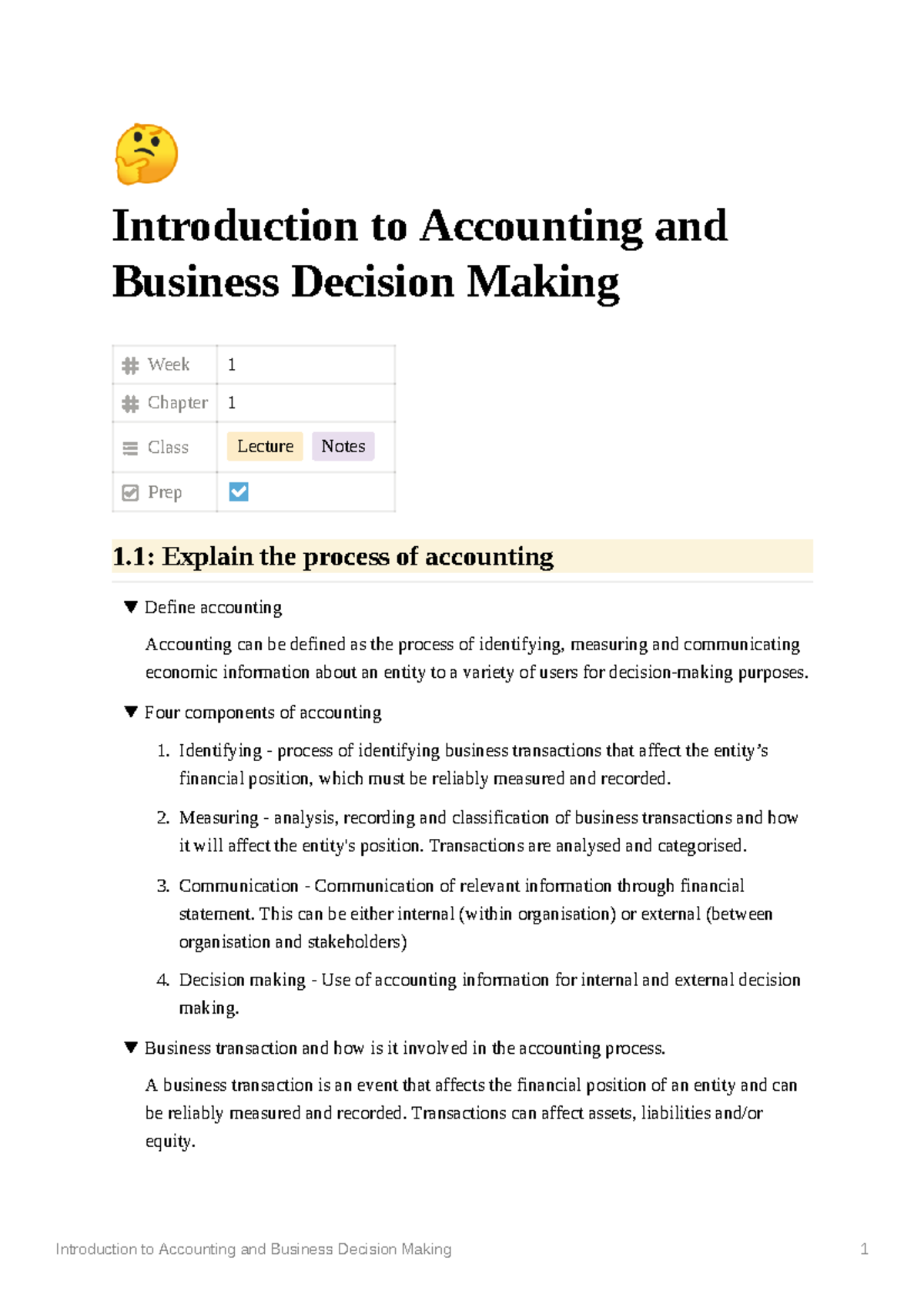 BUSN1110 Accounting for Business Notes - Introduction to Accounting and ...