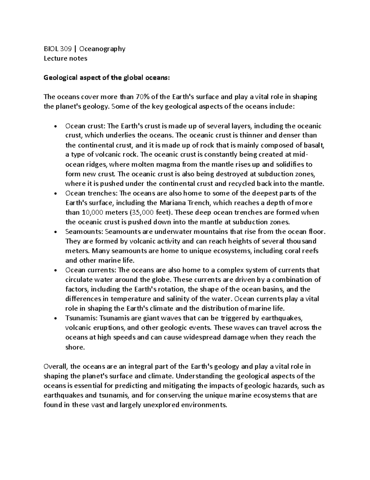 BIOL 309 geological aspect on oceans notes - BIOL 309 | Oceanography ...