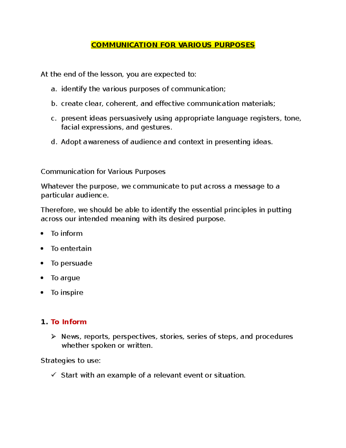 Communication FOR Various Purposes - COMMUNICATION FOR VARIOUS PURPOSES At the end of the lesson ...