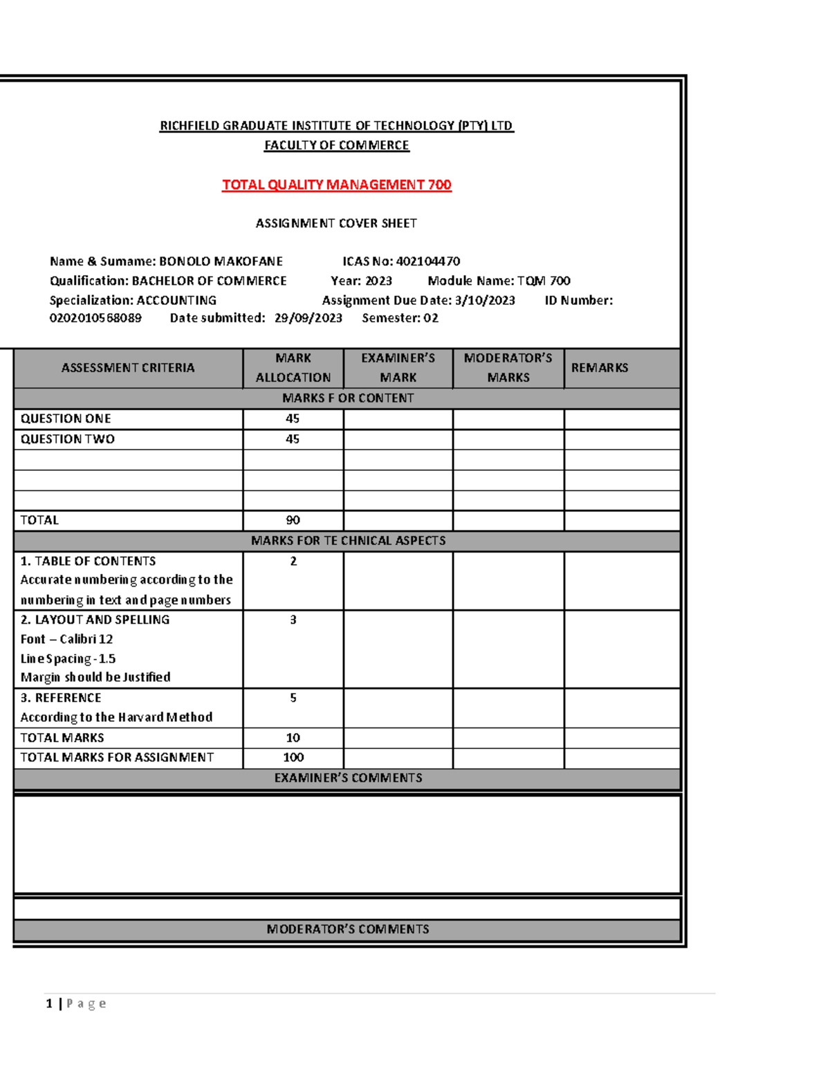 Tqm 700 - Assignment semester 02 - RICHFIELD GRADUATE INSTITUTE OF TECHNOLOGY (PTY) LTD FACULTY ...