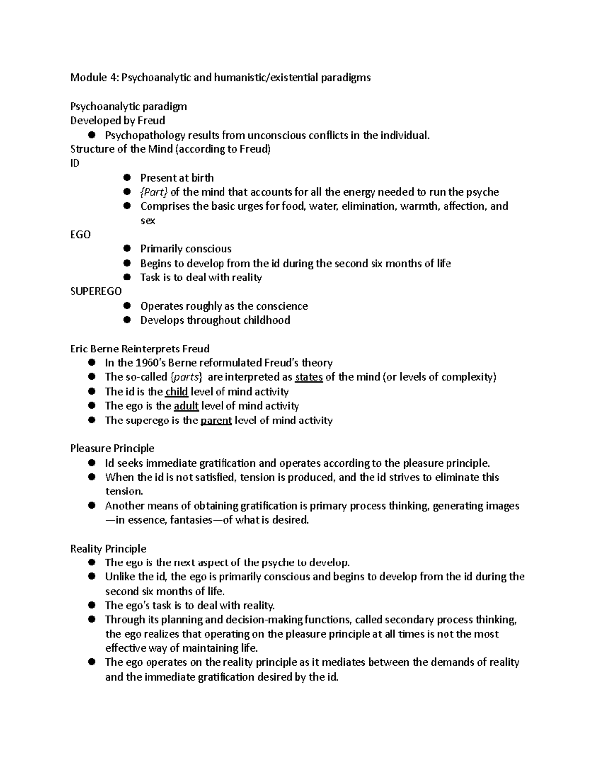 Psych 240 Module 4 Notes - Module 4: Psychoanalyic and humanisic ...