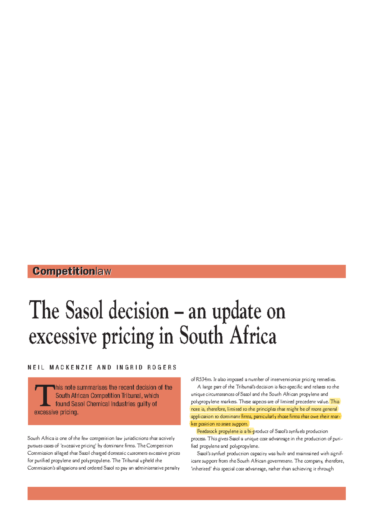 The Sasol decision - update on excessive pricing in South Africa ...
