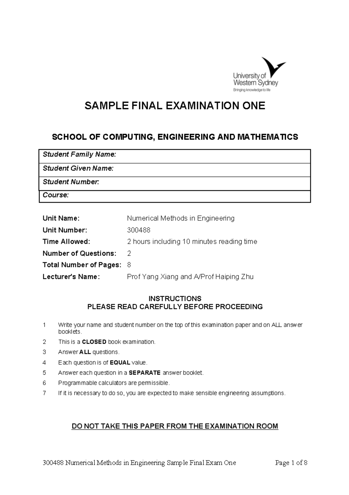 Sample Final Exam Paper One-300488 Numerical Methods - SAMPLE FINAL ...