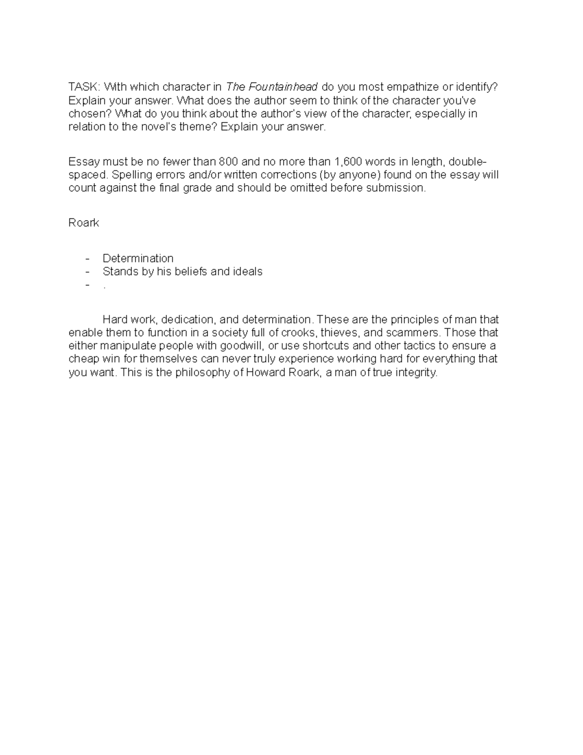 Ayn Rand Outline - TASK: With which character in The Fountainhead do ...