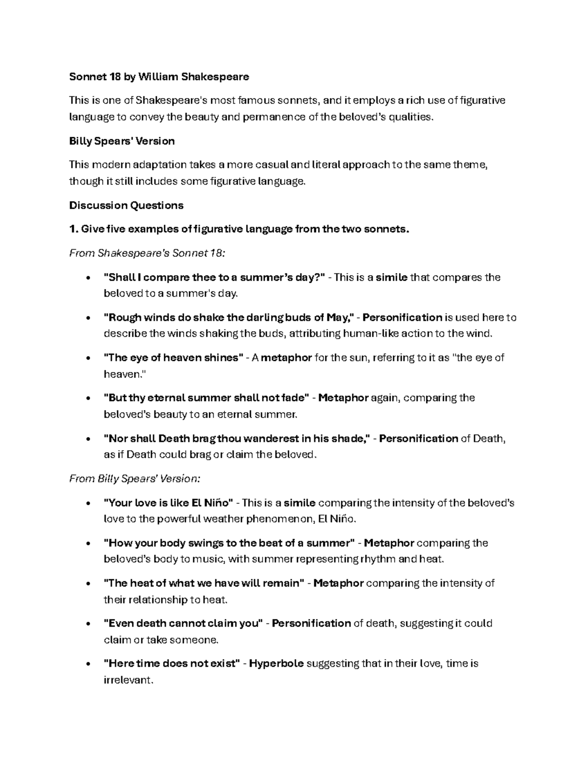 Creative writing - Sonnet 18 by William Shakespeare This is one of ...