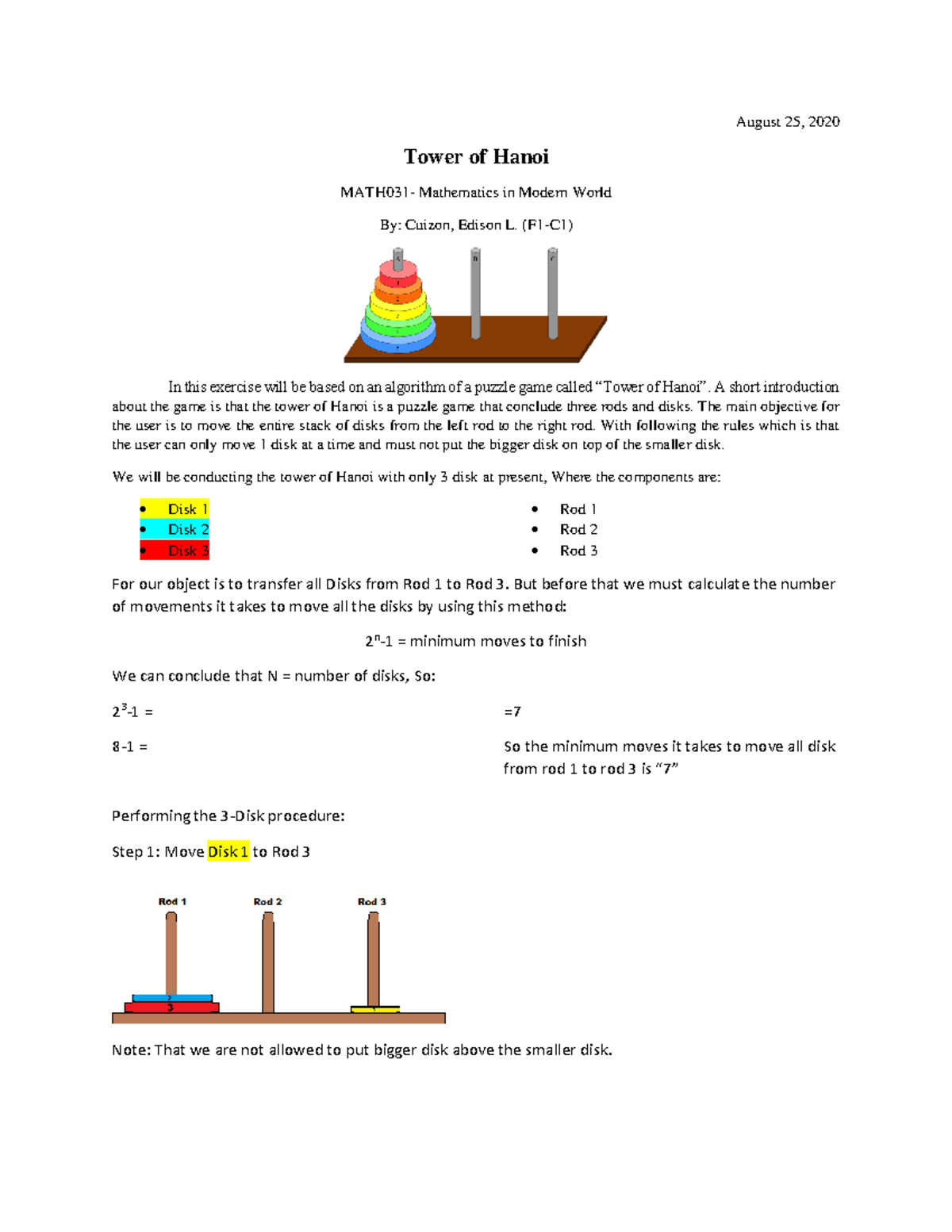 Exercise 2 - August 25, 2020 Tower of Hanoi MATH031- Mathematics in ...