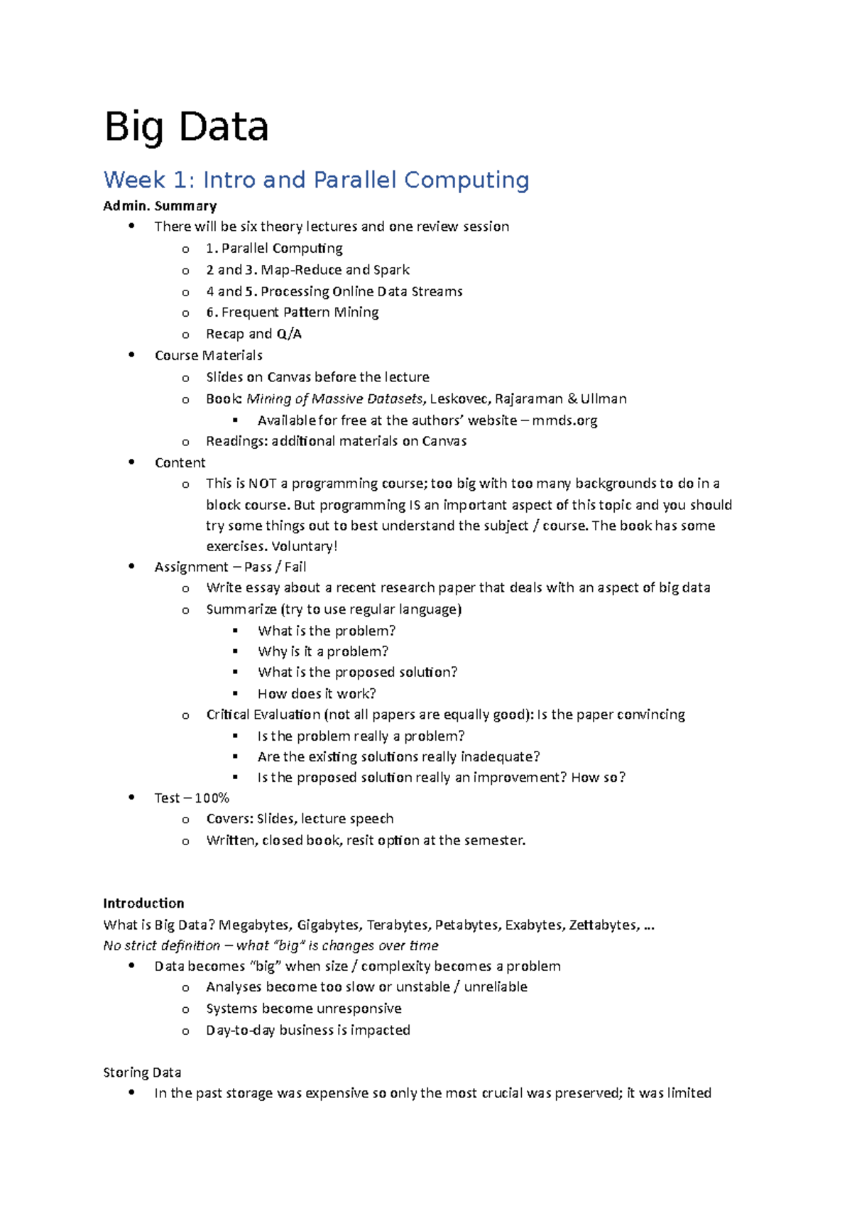 Big Data Lectures Big Data Week 1 Intro And Parallel Computing Admin Summary There Will Be
