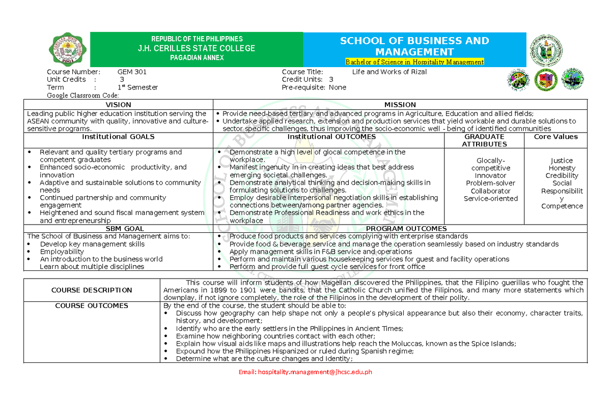 2022- 2023 SBM Syllabus Readings in Philippine History - Course Number ...