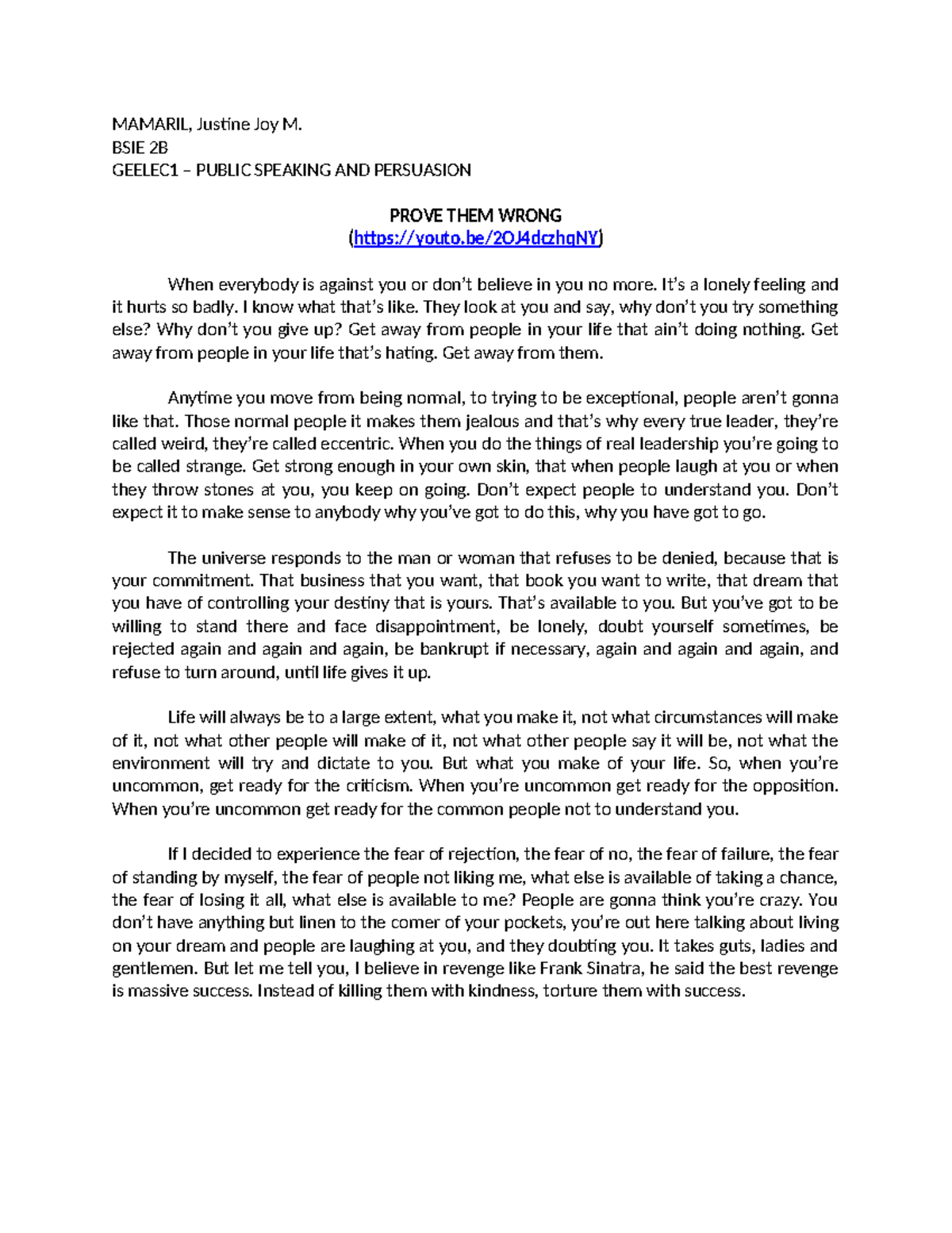 Public Speaking ( Speech) - MAMARIL, Justine Joy M. BSIE 2B GEELEC1 ...