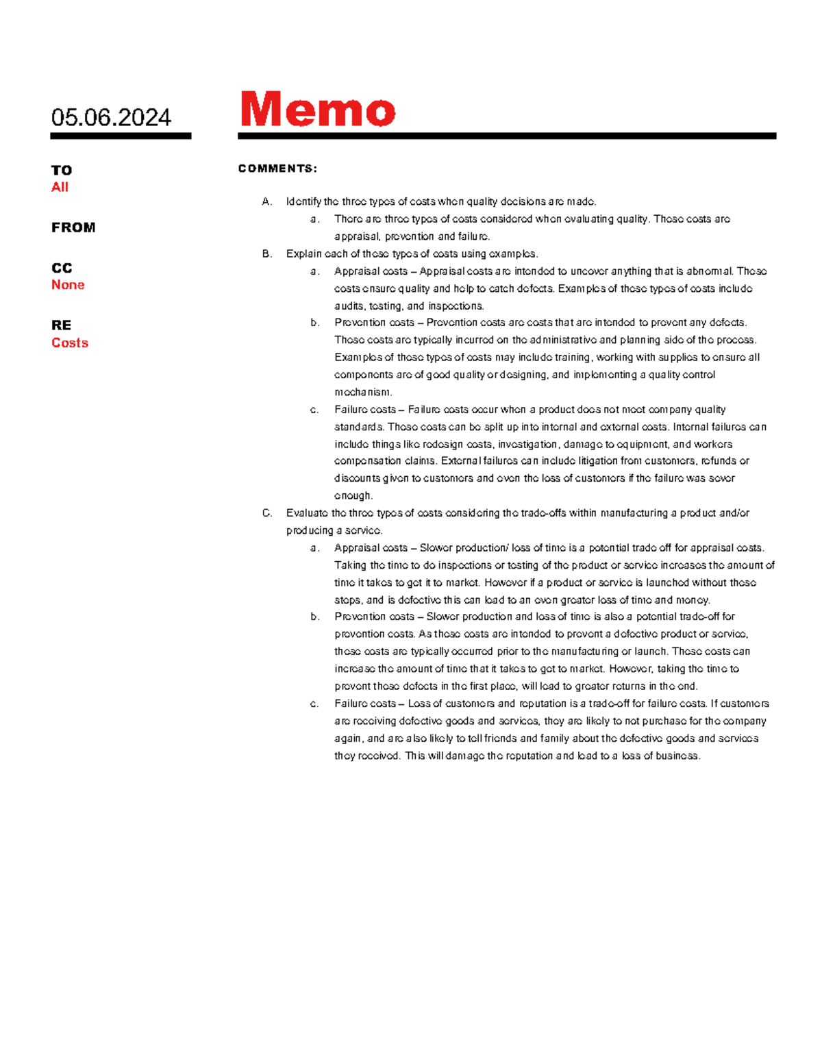 QHT1-Task 1 - Task 1 - 05.06 Memo TO All FROM CC None RE Costs COMMENTS ...