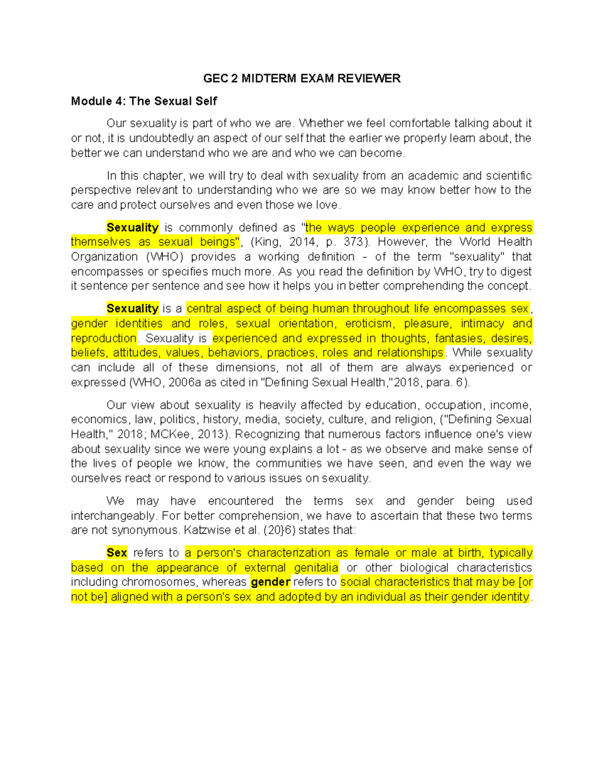 GEC 2 Midterm EXAM Reviewer - GEC 2 MIDTERM EXAM REVIEWER Module 4: The Sexual Self Our ...