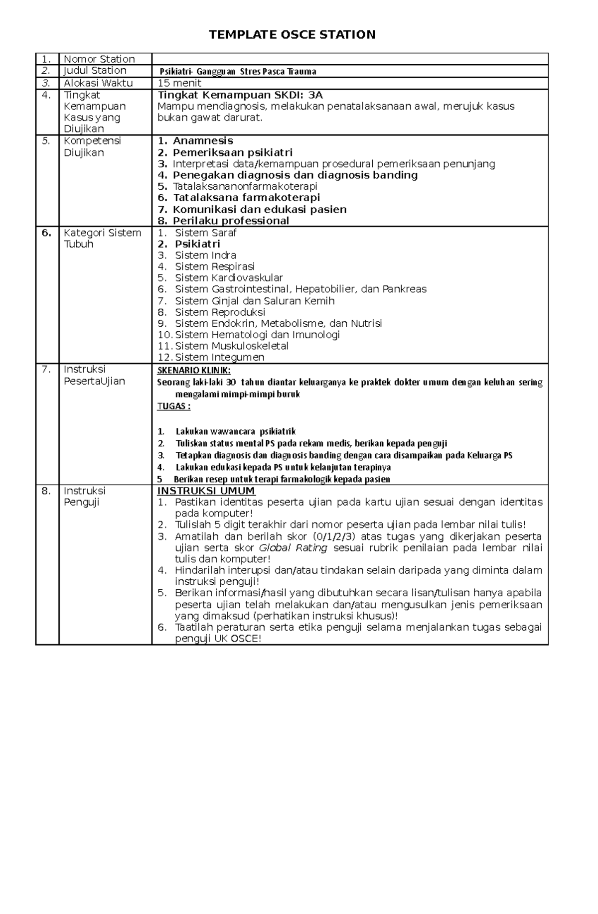 2. Post traumatic stress disorder (3A) - TEMPLATE OSCE STATION Nomor ...