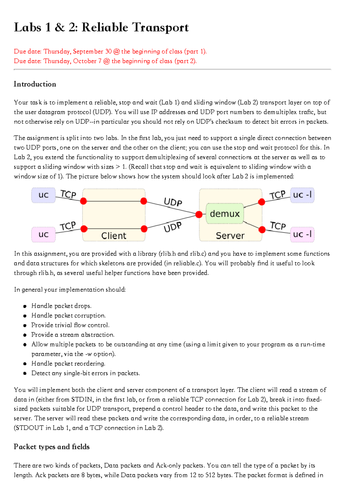 Labs 1 & 2 Reliable Transport - Labs 1 & 2: Reliable Transport Due date ...