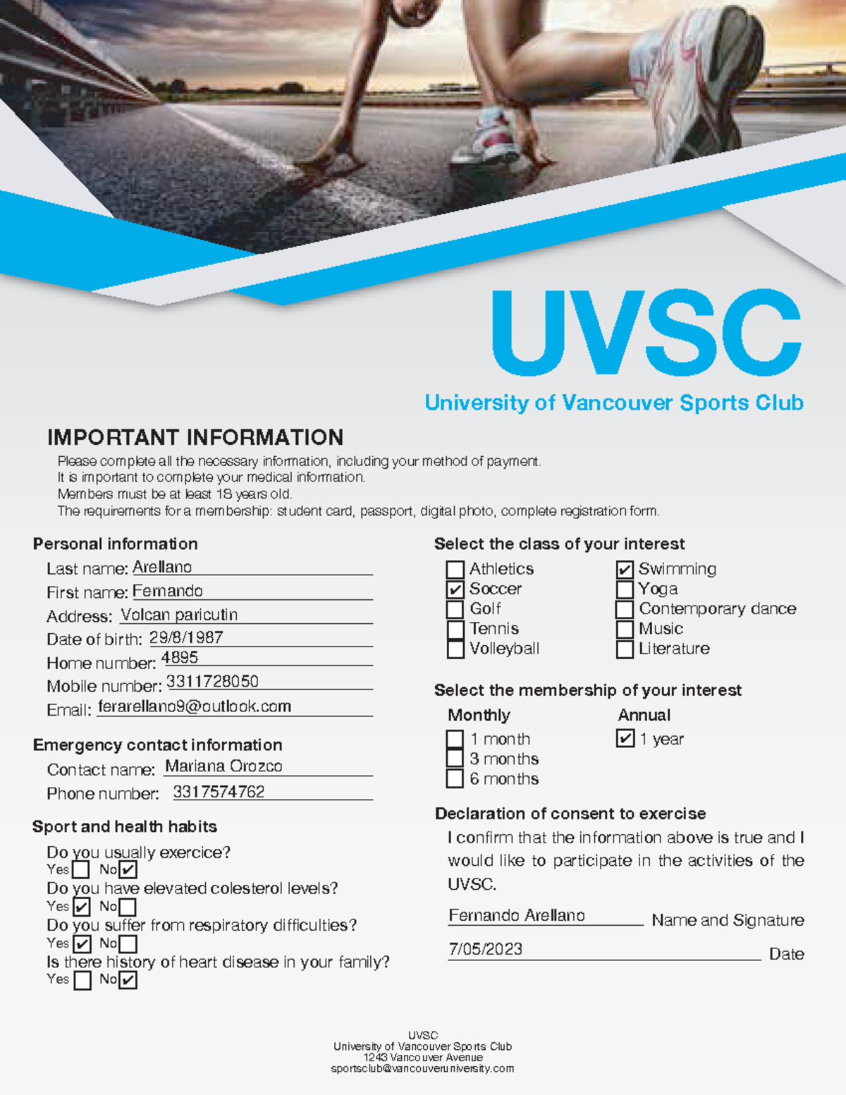 UVSC Application Form - ingles - UVSC University of Vancouver Sports ...