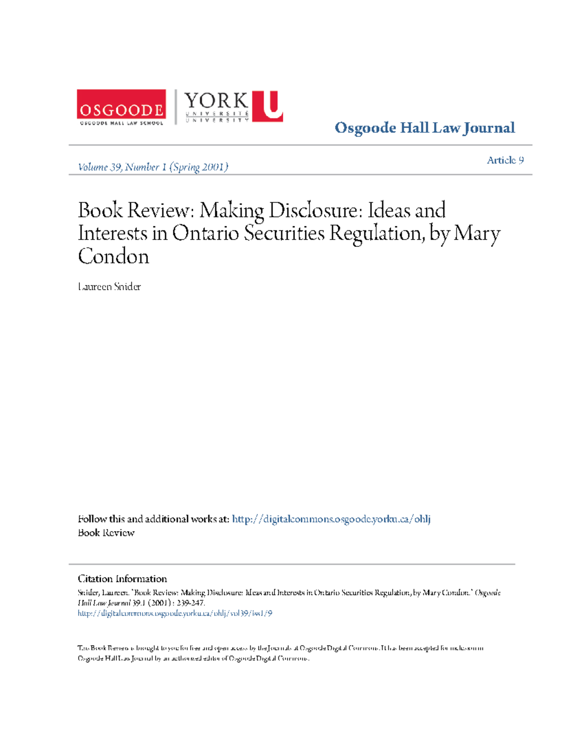Book Review Making Disclosure Ideas and - Osgoode Hall Law Journal ...