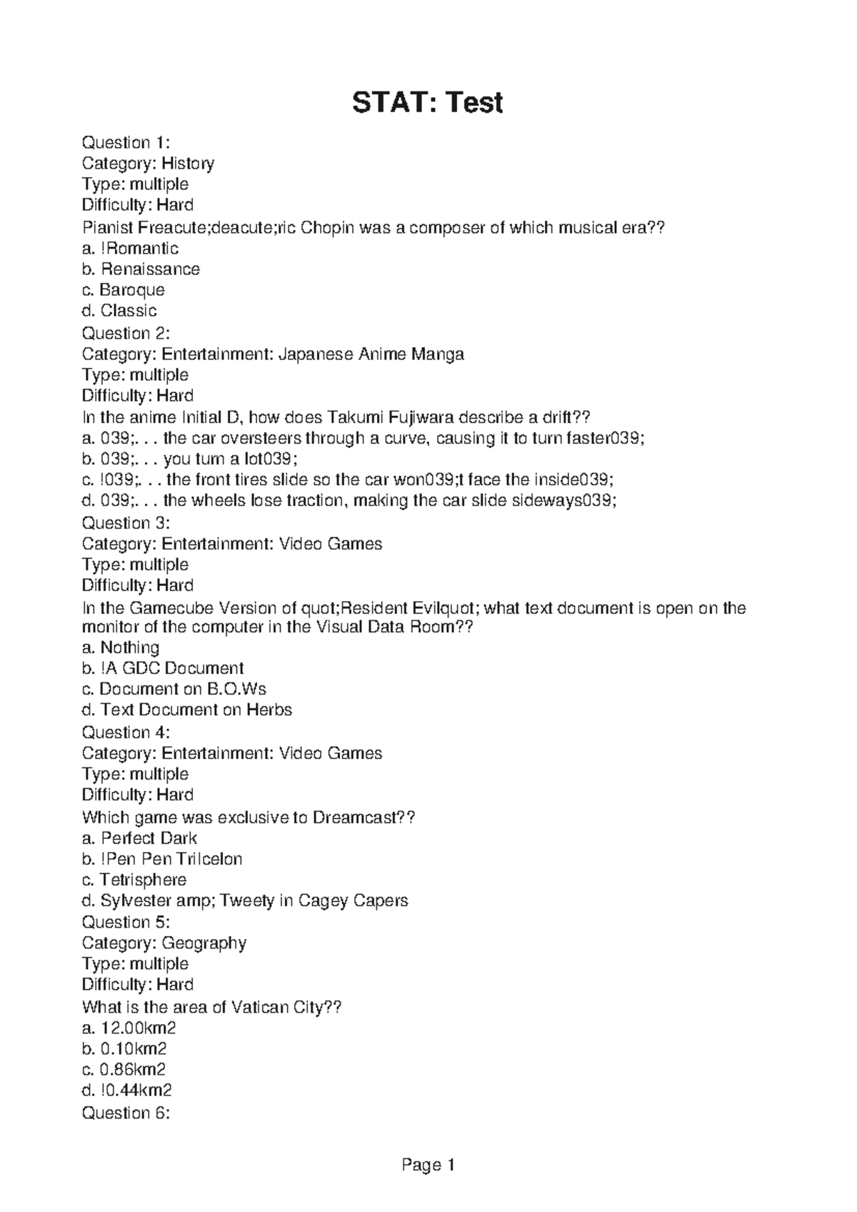 STAT182 Pre Lab 5 - STAT: Test Question 1: Category: History Type ...