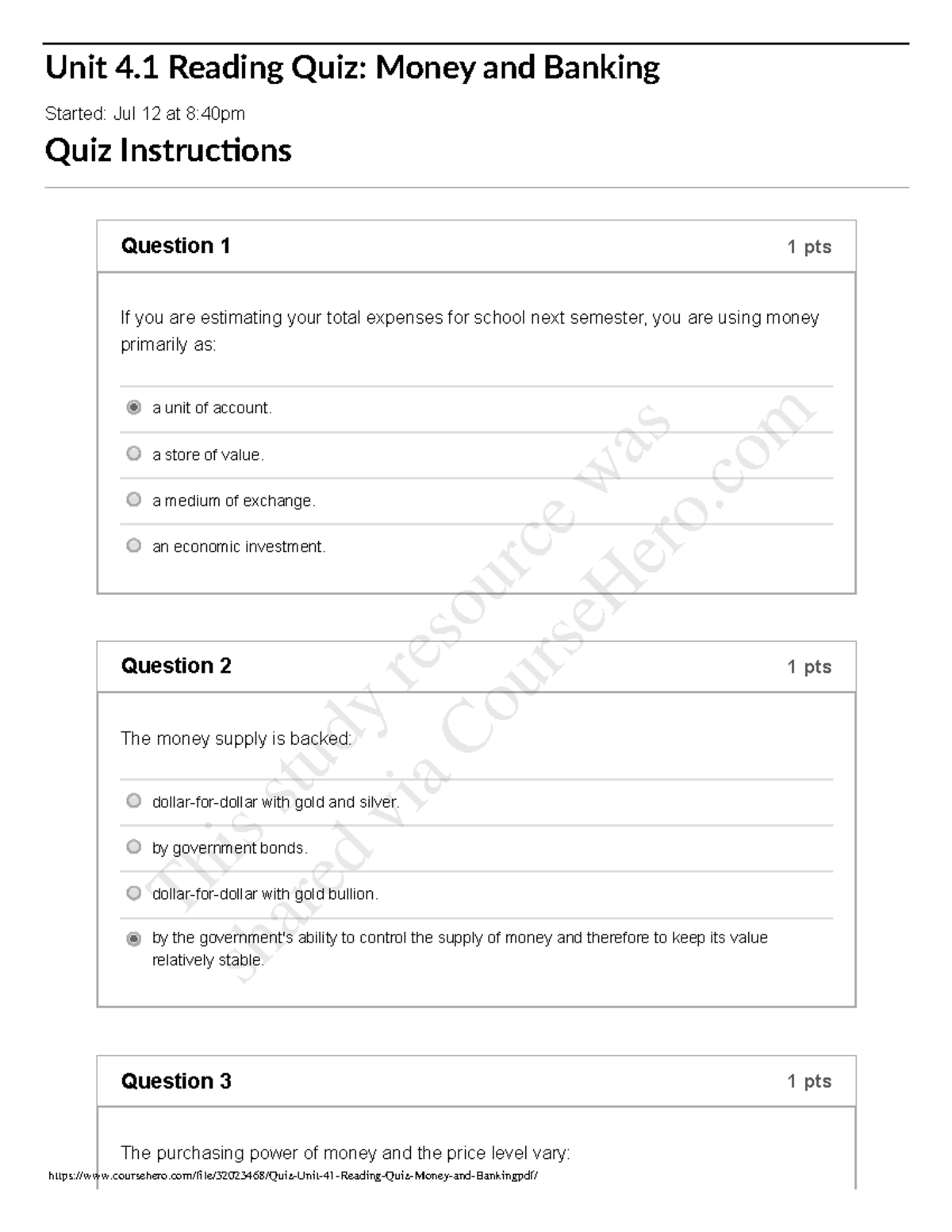 Quiz Unit 4 - quiz - Unit 4 Reading Quiz: Money and Banking Started ...