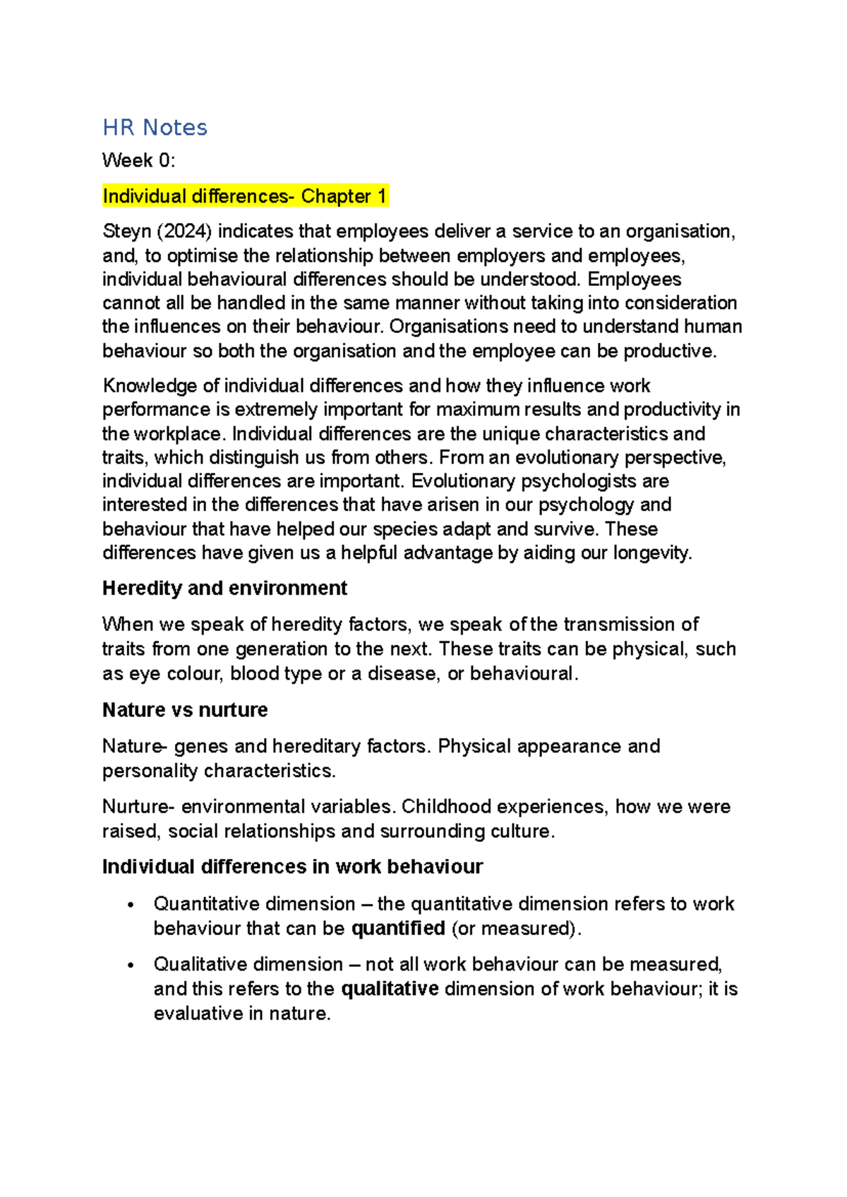 HR Notes - HR Notes Week 0: Individual differences- Chapter 1 Steyn ...