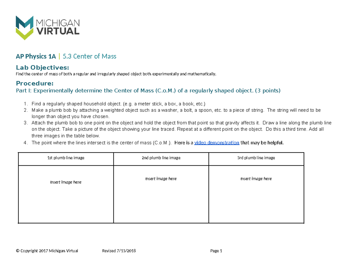 5.3 Center of Mass Lab - Lab - AP Physics 1A | 5 Center of Mass Lab ...