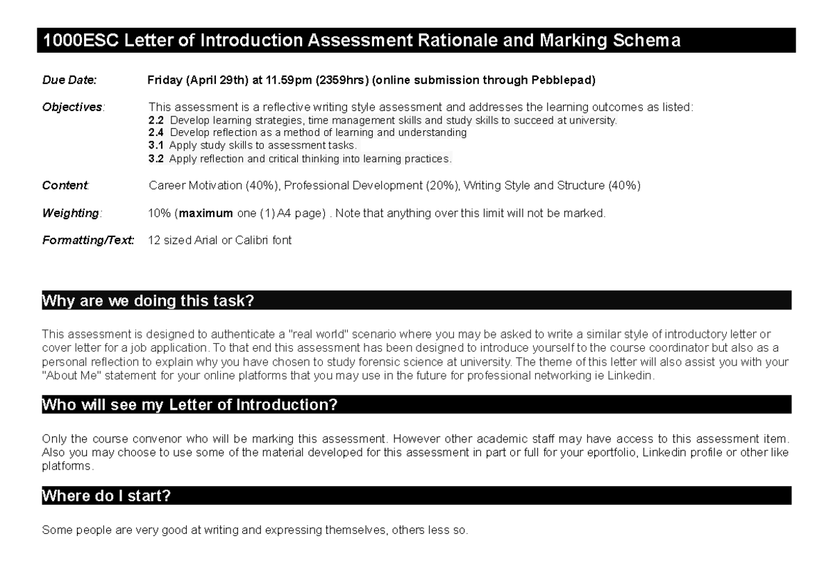2022 Letter of Introduction Assessment student version - 1000ESC Letter ...