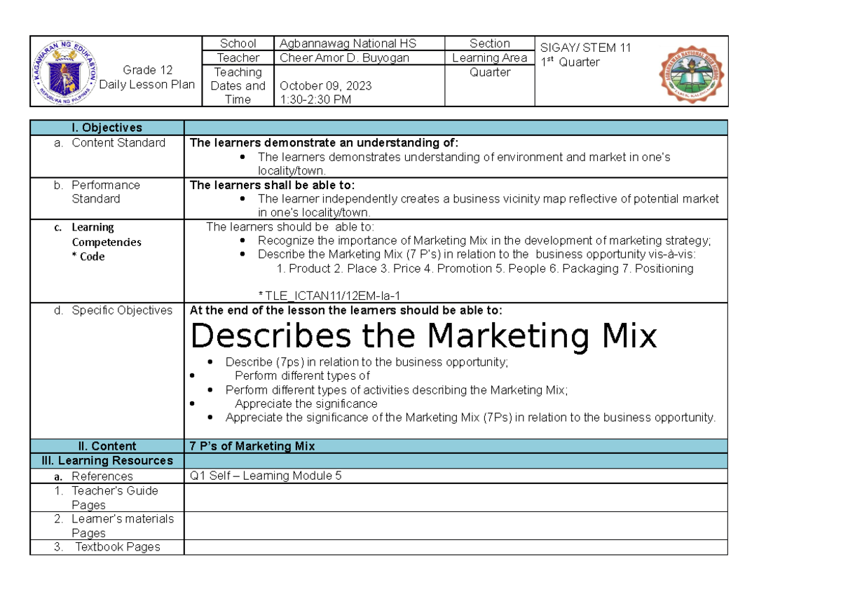 DLP Entrep Marketing MIX - Grade 12 Daily Lesson Plan School Agbannawag ...