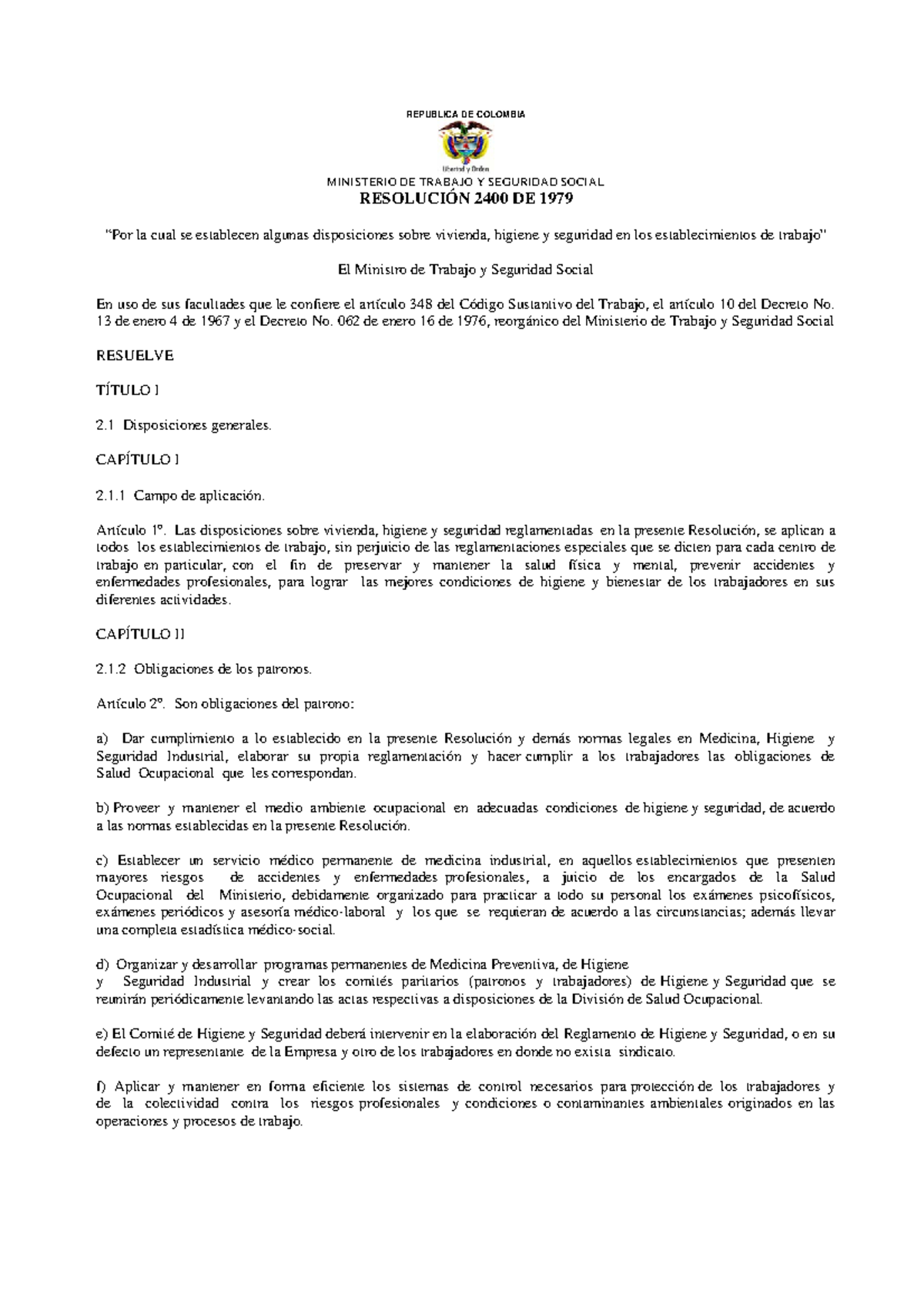 Resolución 2400 de 1979 - Vivienda Higiene y Seguridad en los lugares ...