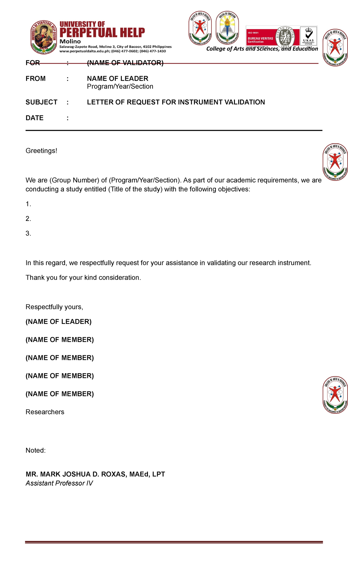 Letter of request for validation - College of Arts and Sciences, and ...